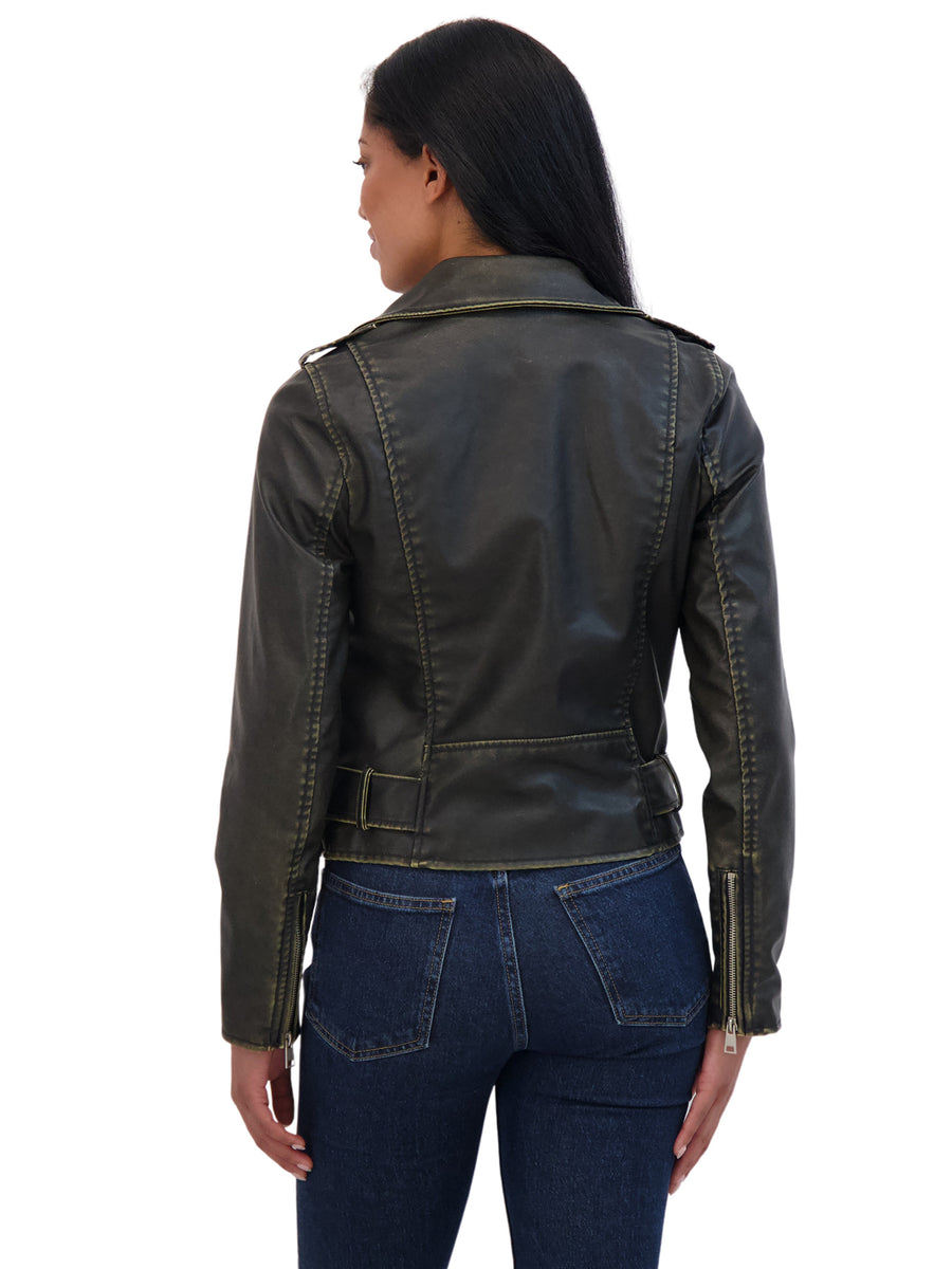 Sebby Collection Women's Distressed Faux Leather Biker Jacket With Att