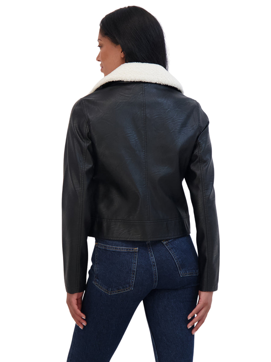 Sebby Collections Women's Faux Leather Moto Jacket With Detachable Fau
